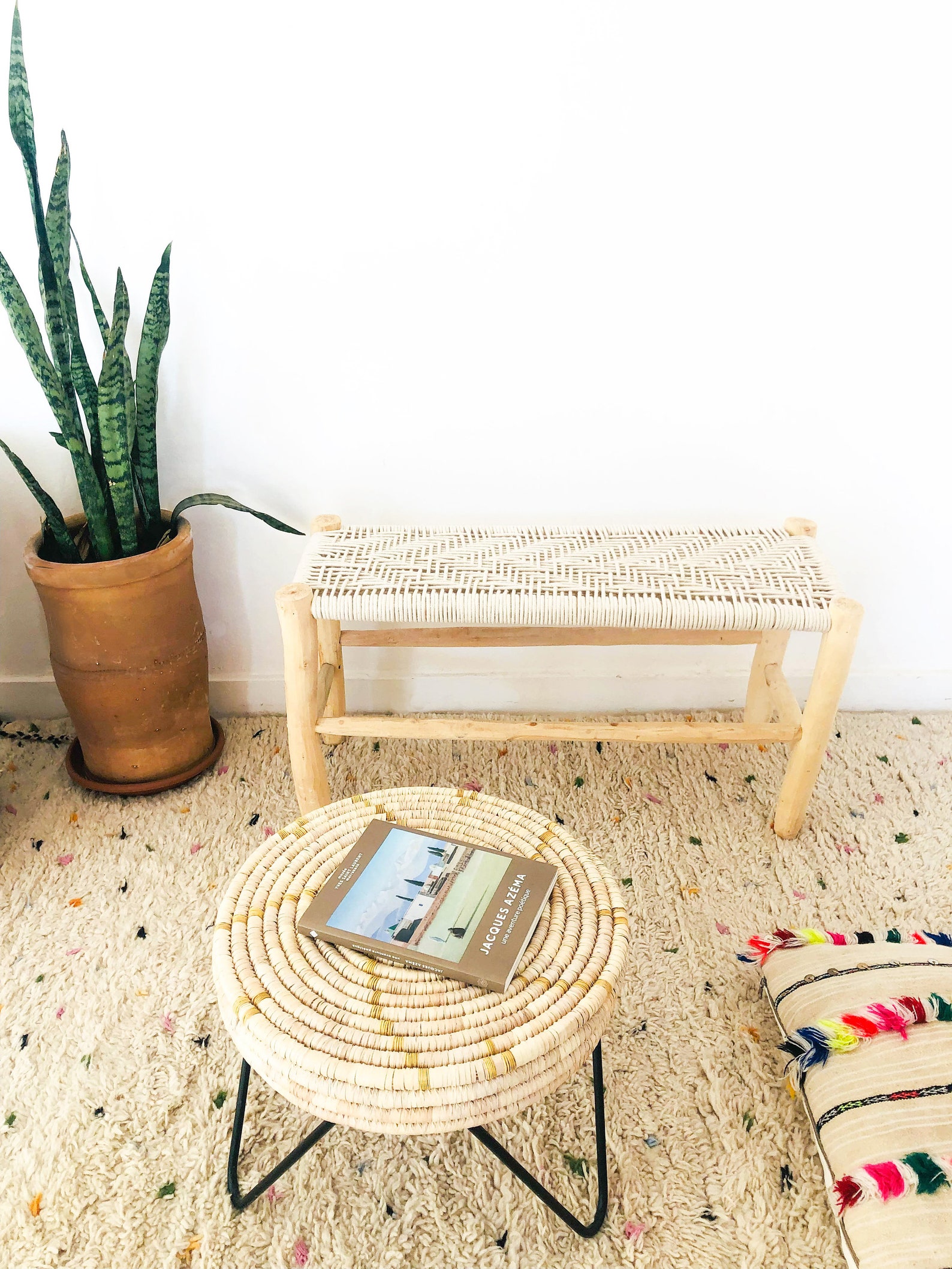 Bench in Raw Wood and Openwork Weaving in Natural Cotton - Etsy