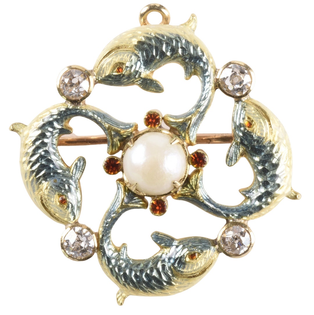 Victorian 15k Gold Enamel Diamond & Pearl Fish - Etsy