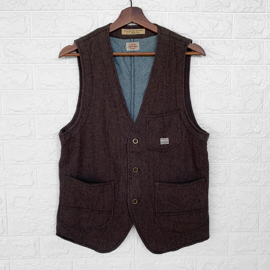 Replay Wool Vest Jacket Dark Brown Lining Denim / S - Etsy