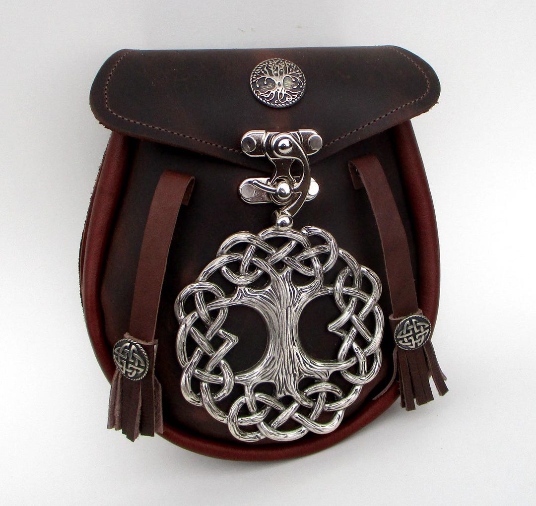 Elegant Leather Sporran Kilt Bag, Tree of Life Silver With Hook Closure ...