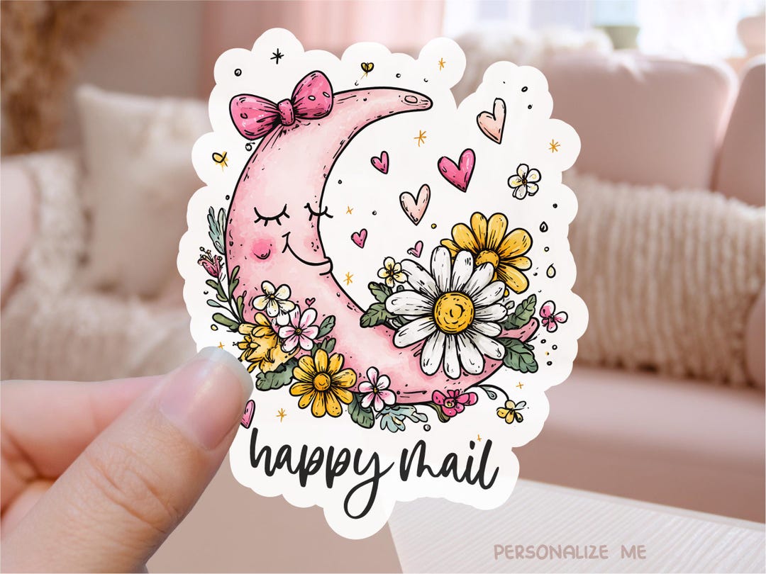 Happy Mail Small Business Printable Sticker PNG, Cute Pink Floral Moon ...