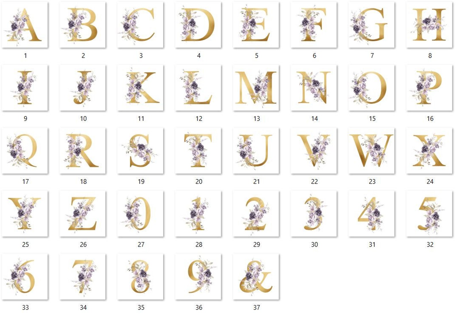Gold Floral Alphabet Numbers Clipart Lilac Purple Flower - Etsy