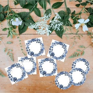 Blank Labels, Navy Blue Floral Wreath Border, PNG Circle + Square for ...