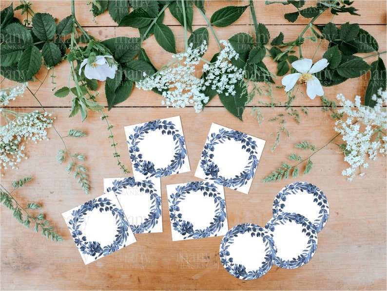 Blank Labels Navy Blue Floral Wreath Border PNG Circle | Etsy