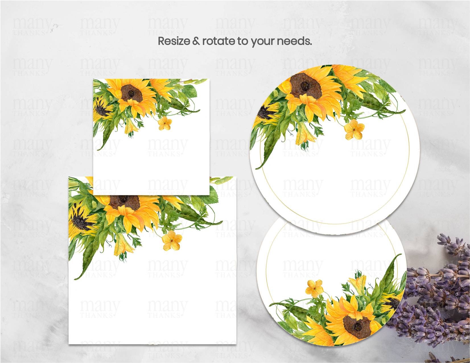 Blank Labels, Yellow Sunflowers Floral Circle + Square for Round Thank ...