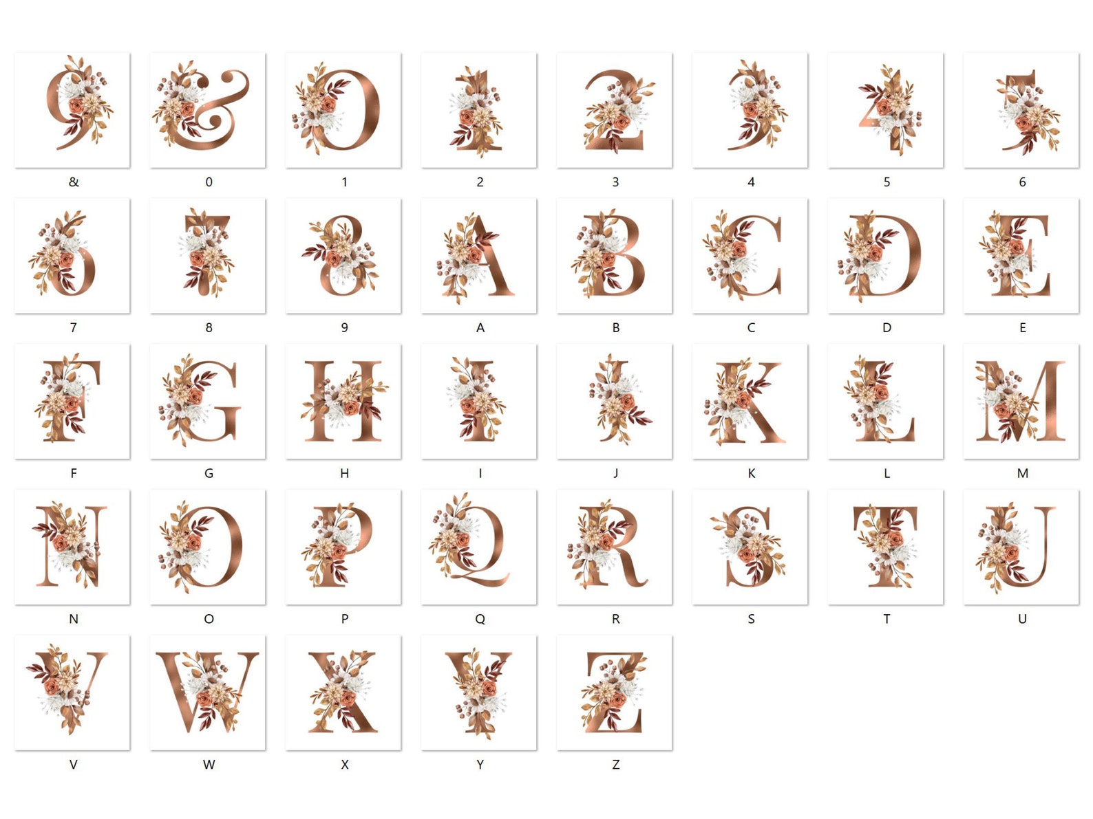 Fall Floral Alphabet Set PNG Download, Copper Monogram Letters and ...