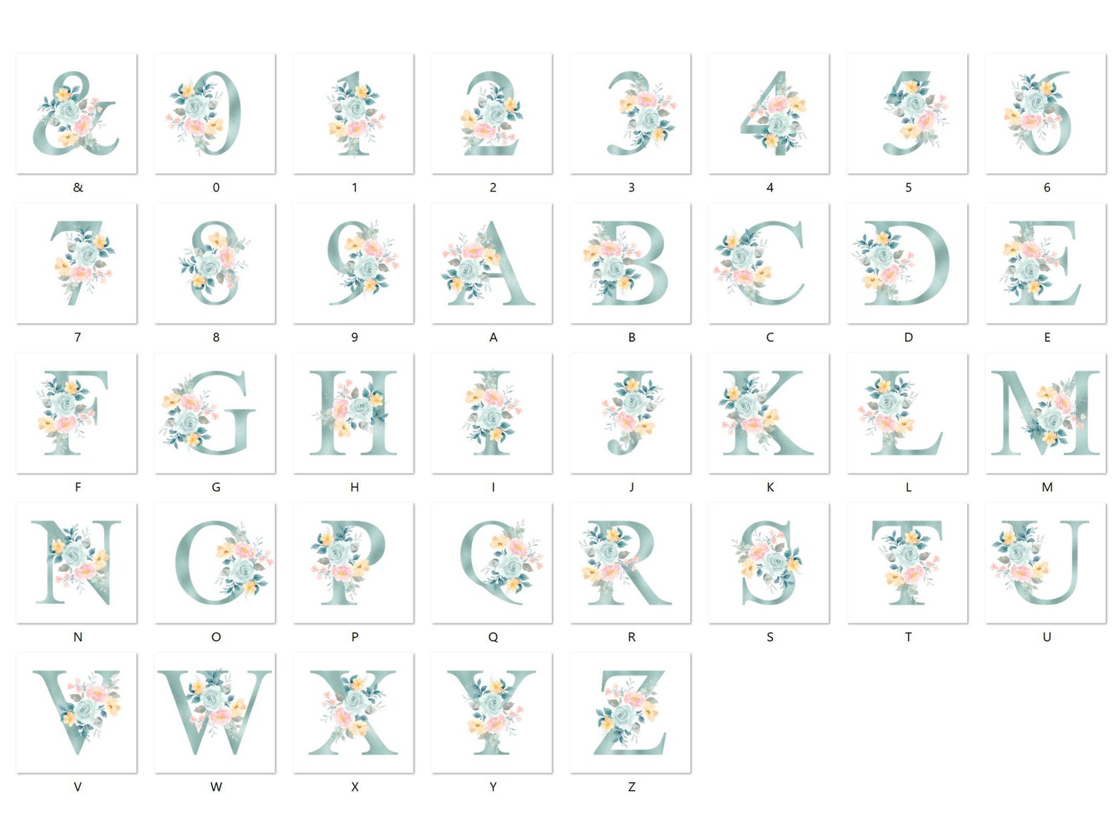 Blue Floral Alphabet Set PNG Download, Monogram Letters With Pastel ...