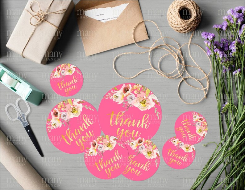 Thank You PNG Circle, Bright Pink Floral Bouquet Gold Text for DIY ...