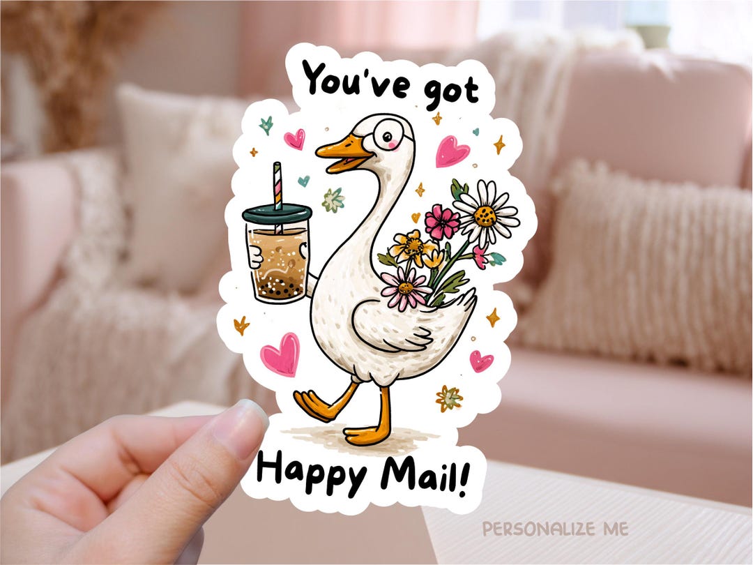 Happy Mail Printable Sticker PNG, Cute Iced Latte Doodle Goose Small ...
