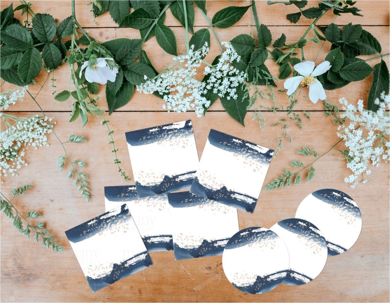 Blank Labels Circle + Square, Navy Blue Paint Gold Splatter for DIY ...
