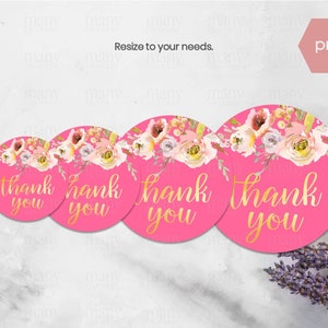 Thank You PNG Circle, Bright Pink Floral Bouquet Gold Text for DIY ...