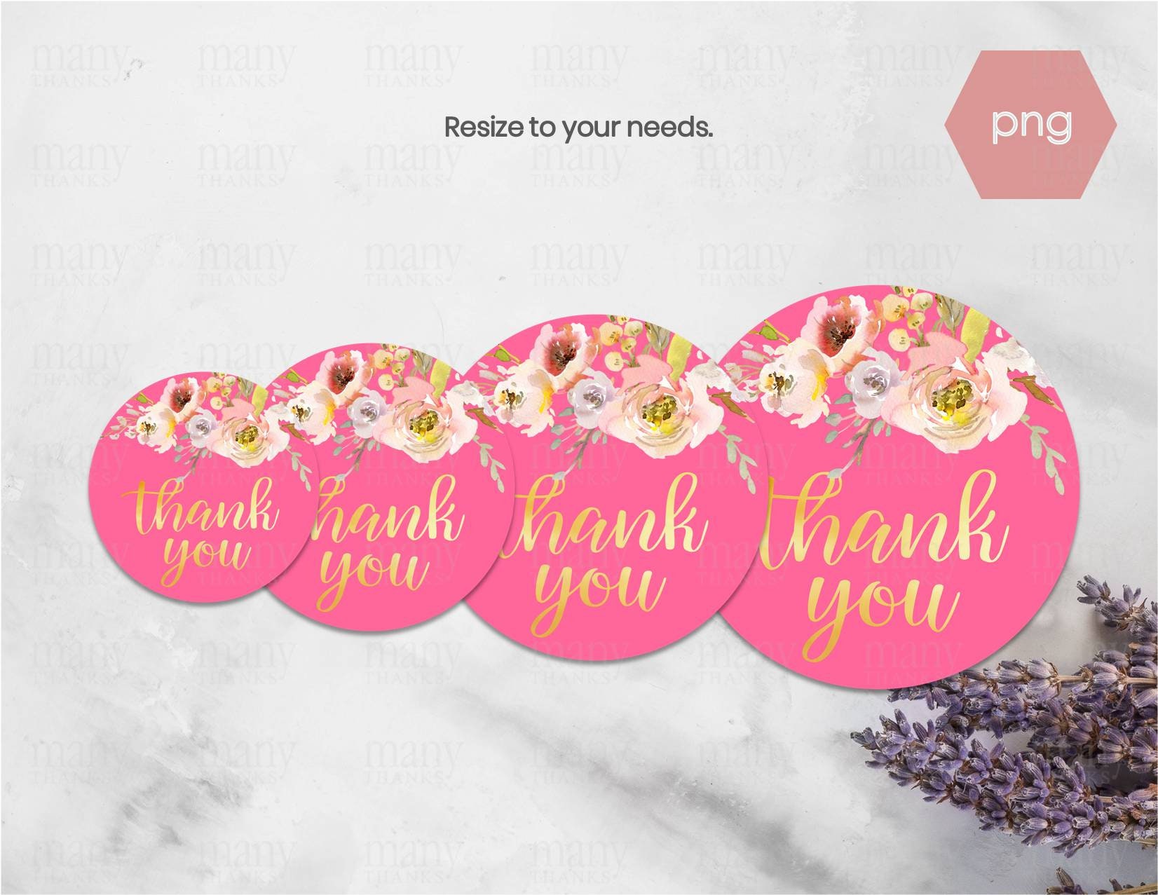 Thank You PNG Circle, Bright Pink Floral Bouquet Gold Text for DIY ...