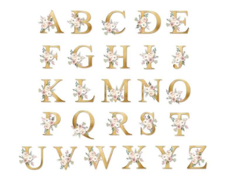 Gold Letters Floral Alphabet Set, Blush Pink Flower, Watercolor Bouquet ...
