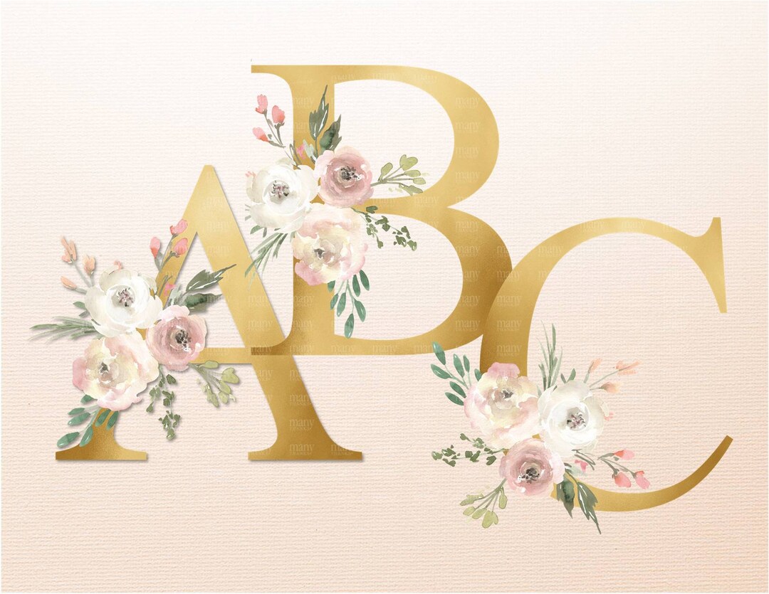 Gold Letters Floral Alphabet Set, Blush Pink Flower, Watercolor Bouquet ...