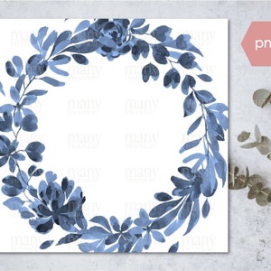 Blank Labels, Navy Blue Floral Wreath Border, PNG Circle + Square for ...