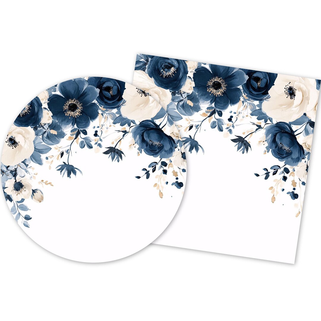 Blank Labels Template, Navy Blue Cream Wedding Floral Border Circle ...
