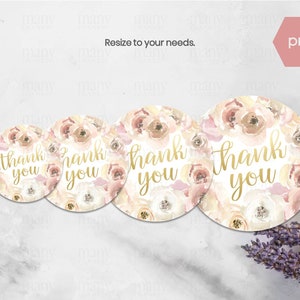 Thank You PNG Circle, Pink Cream Floral Border Gold Text for DIY Round ...