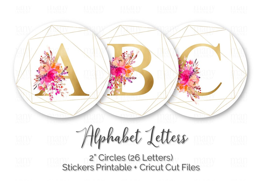 Alphabet Stickers 2" Circles, Gold Letters Pink Floral Geometric ...