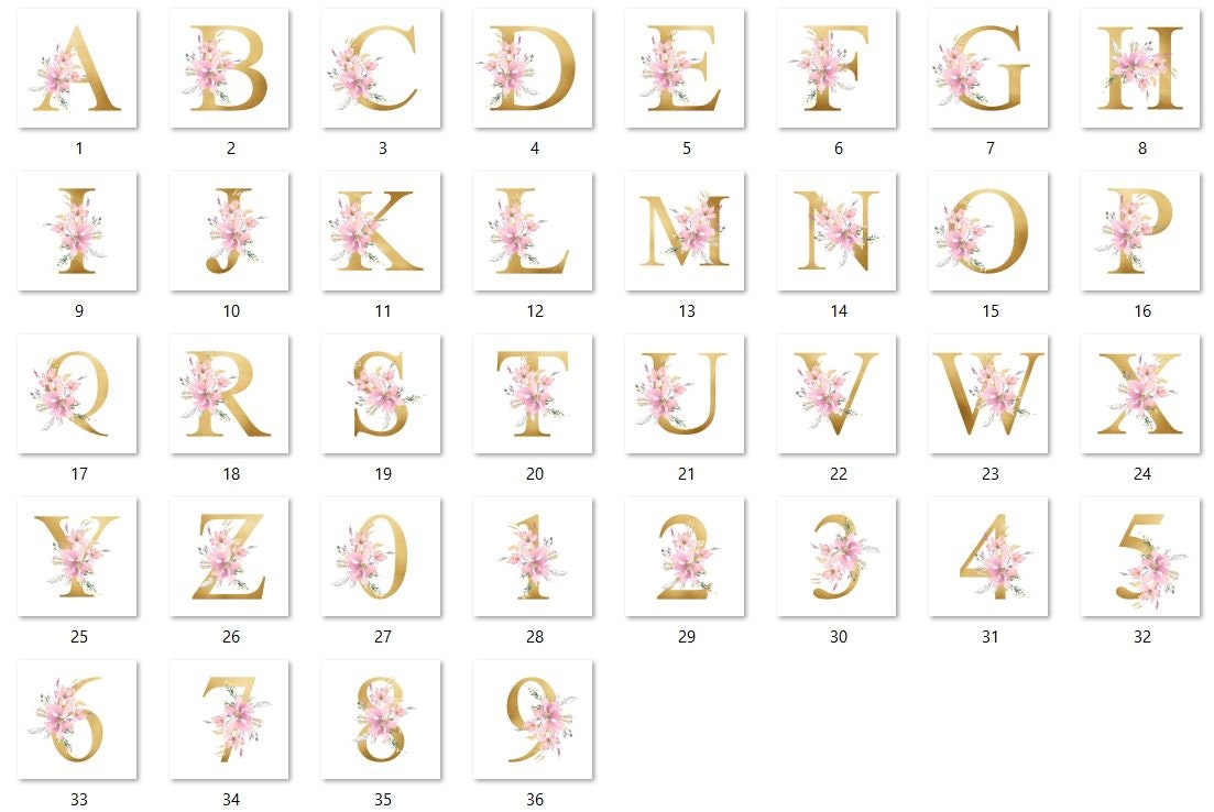 Gold Floral Alphabet + Numbers Set, Pink Watercolor Flowers, Monogram ...
