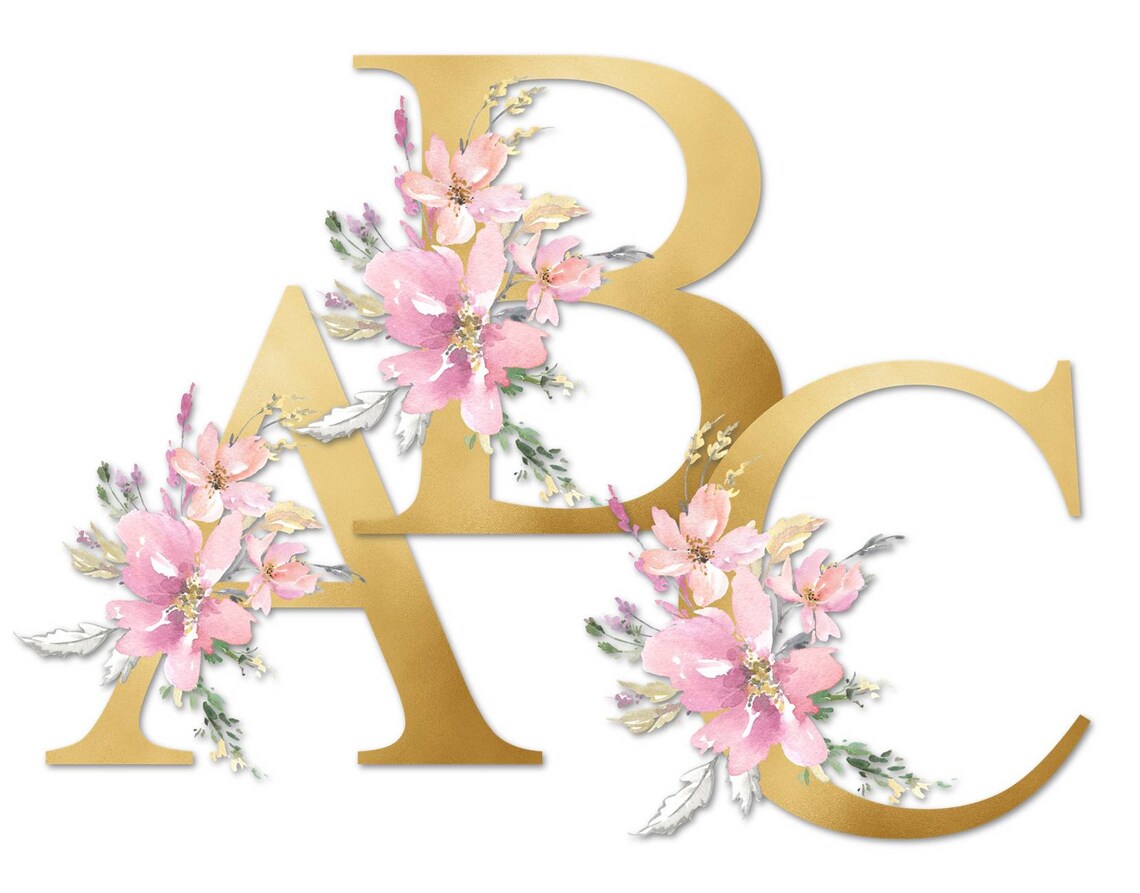 Gold Floral Alphabet + Numbers Set, Pink Watercolor Flowers, Monogram ...