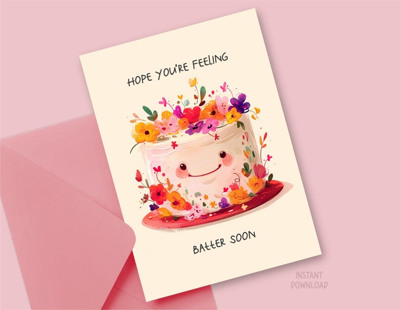Feel Better Soon Printable Greeting Card, Funny Cake Batter Pun Digital ...