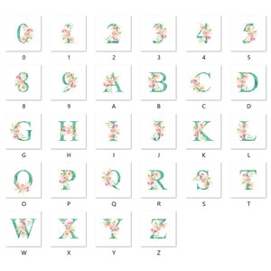 Teal Florals Alphabet Numbers Set, Pink Gold Watercolor Flowers ...