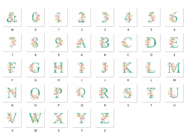 Teal Florals Alphabet Numbers Set Pink Gold Watercolor - Etsy