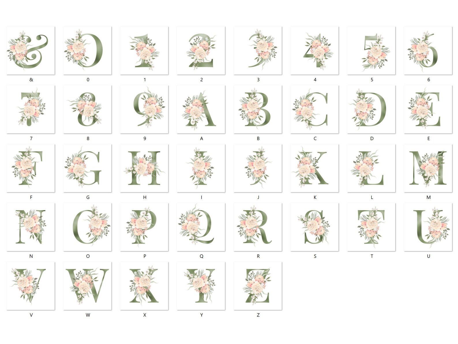 Sage Green Floral Alphabet Set PNG Download, Monogram Letters, Cream ...