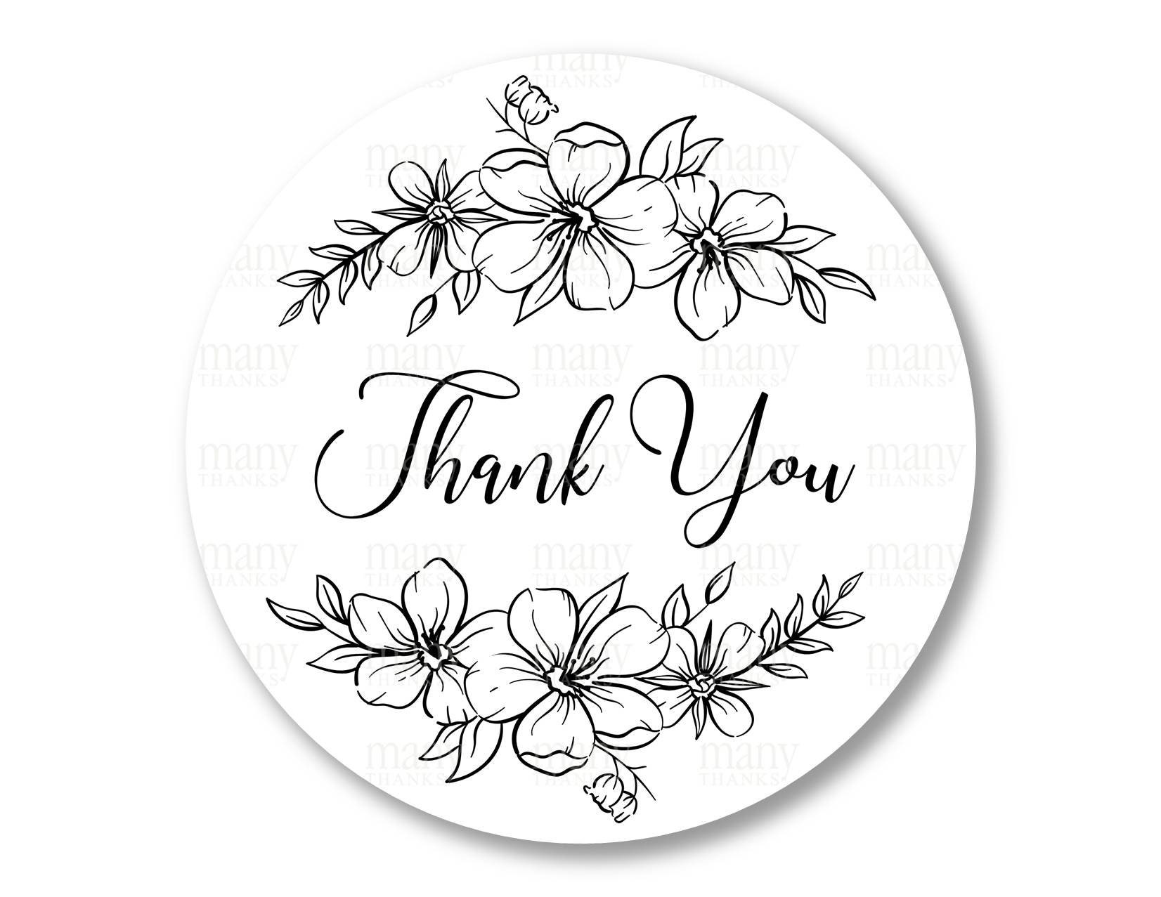 Thank You Stickers Black White Floral Sketch Script Circles | Etsy