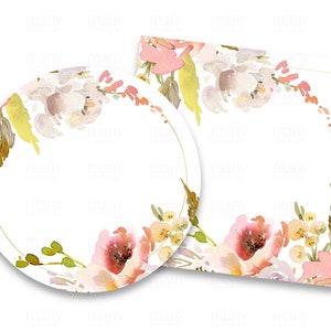 Blank Labels, Pink Watercolor Flowers Circle + Square for Round Thank ...