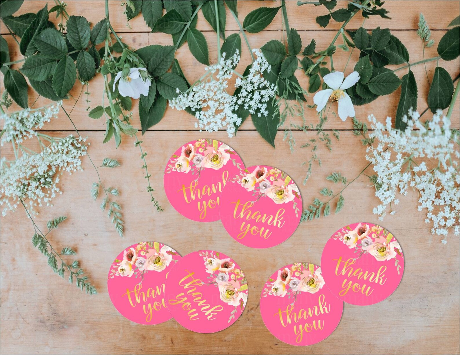 Thank You PNG Circle, Bright Pink Floral Bouquet Gold Text for DIY ...