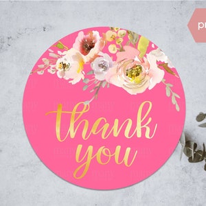 Thank You PNG Circle, Bright Pink Floral Bouquet Gold Text for DIY ...
