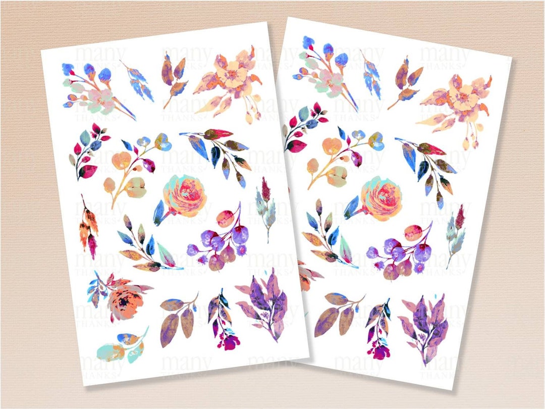 Funky Color Mix Floral Stickers, Watercolor Flower Leaves for Planners ...