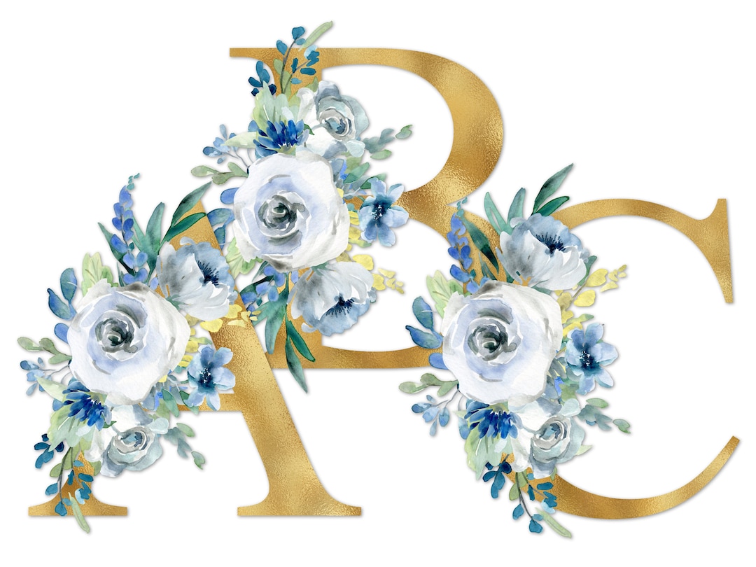 Blue White Floral Alphabet Set PNG Download, Gold Monogram Letters With ...