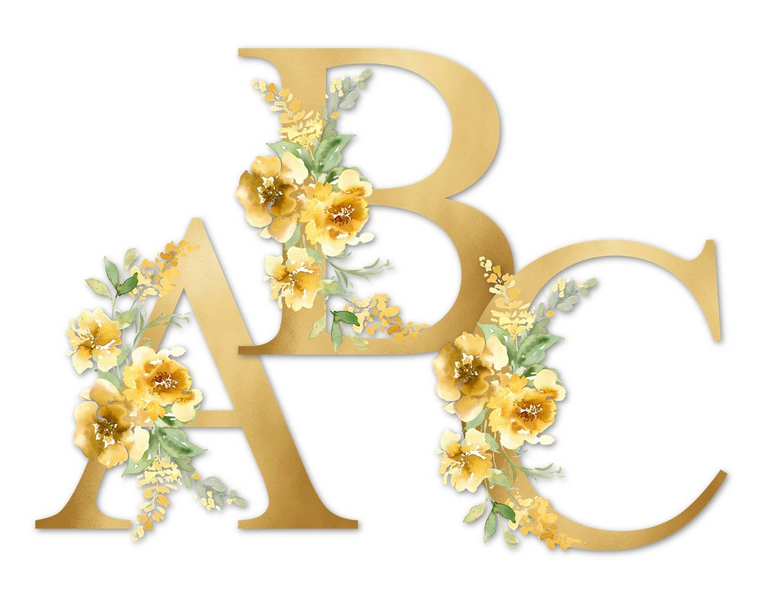 Gold Letters Floral Alphabet + Numbers Set, Golden Yellow Watercolor ...