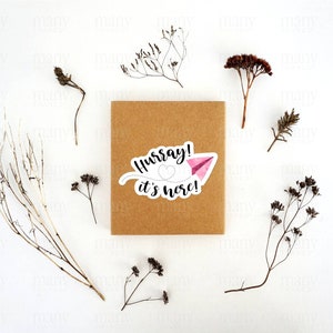 Hurray! It's Here Sticker PNG, Pink Paper Airplane for Small Business ...