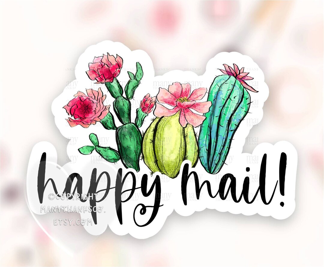 Happy Mail Sticker PNG, Watercolor Cactus Small Business Labels, Floral ...