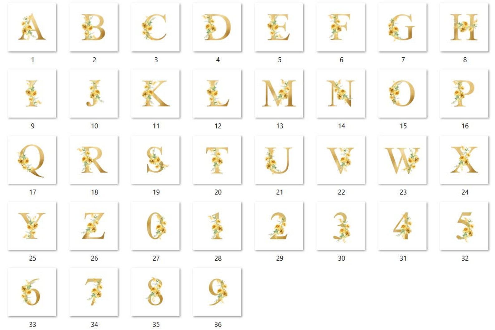 Gold Letters Floral Alphabet Numbers Set Golden Yellow - Etsy