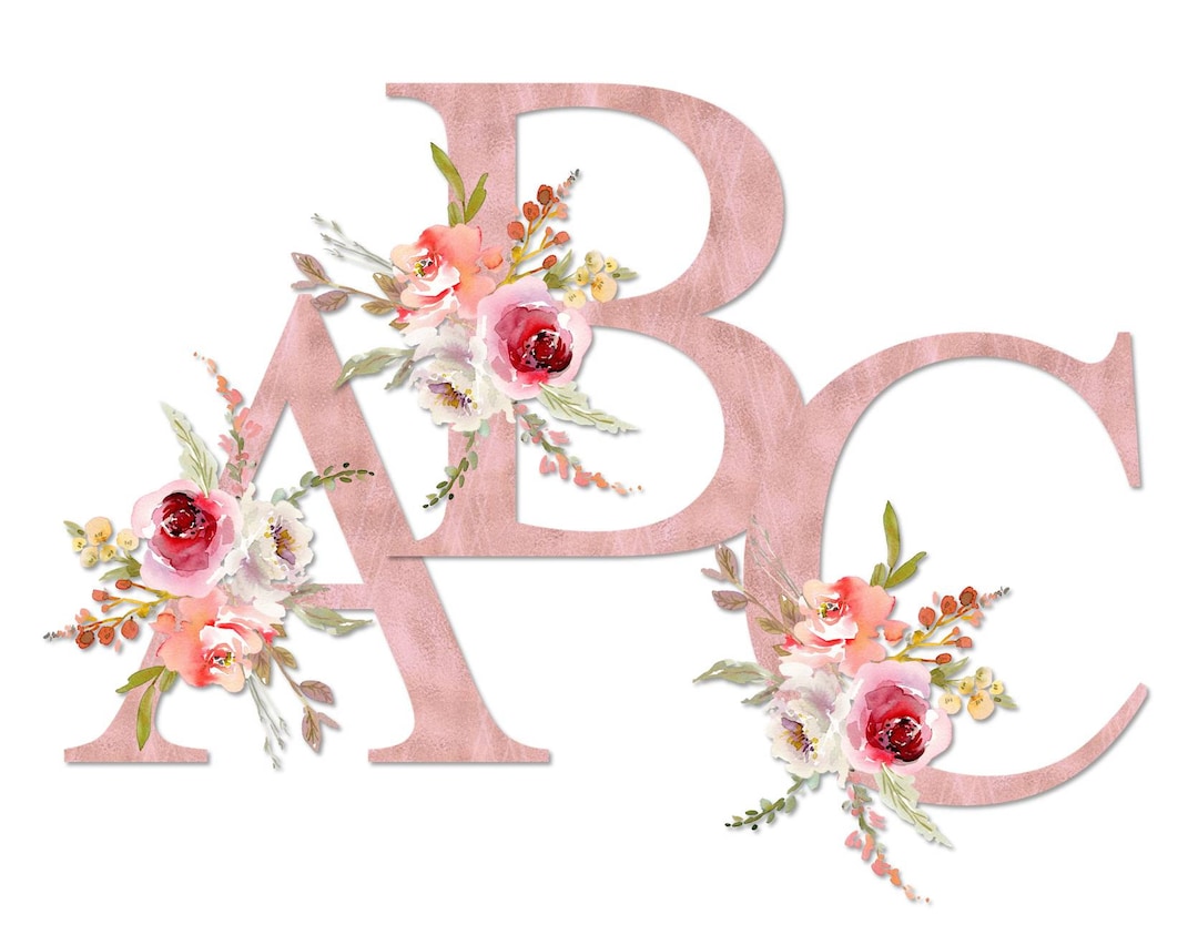 Brushed Rose Gold Letters Floral Alphabet Set, Pink Red Watercolor ...