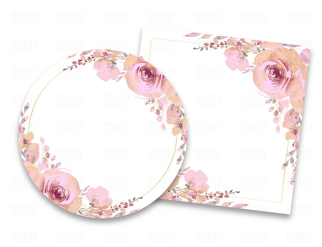 Blank Labels, Pink Floral Border Circle + Square for Round Thank You ...