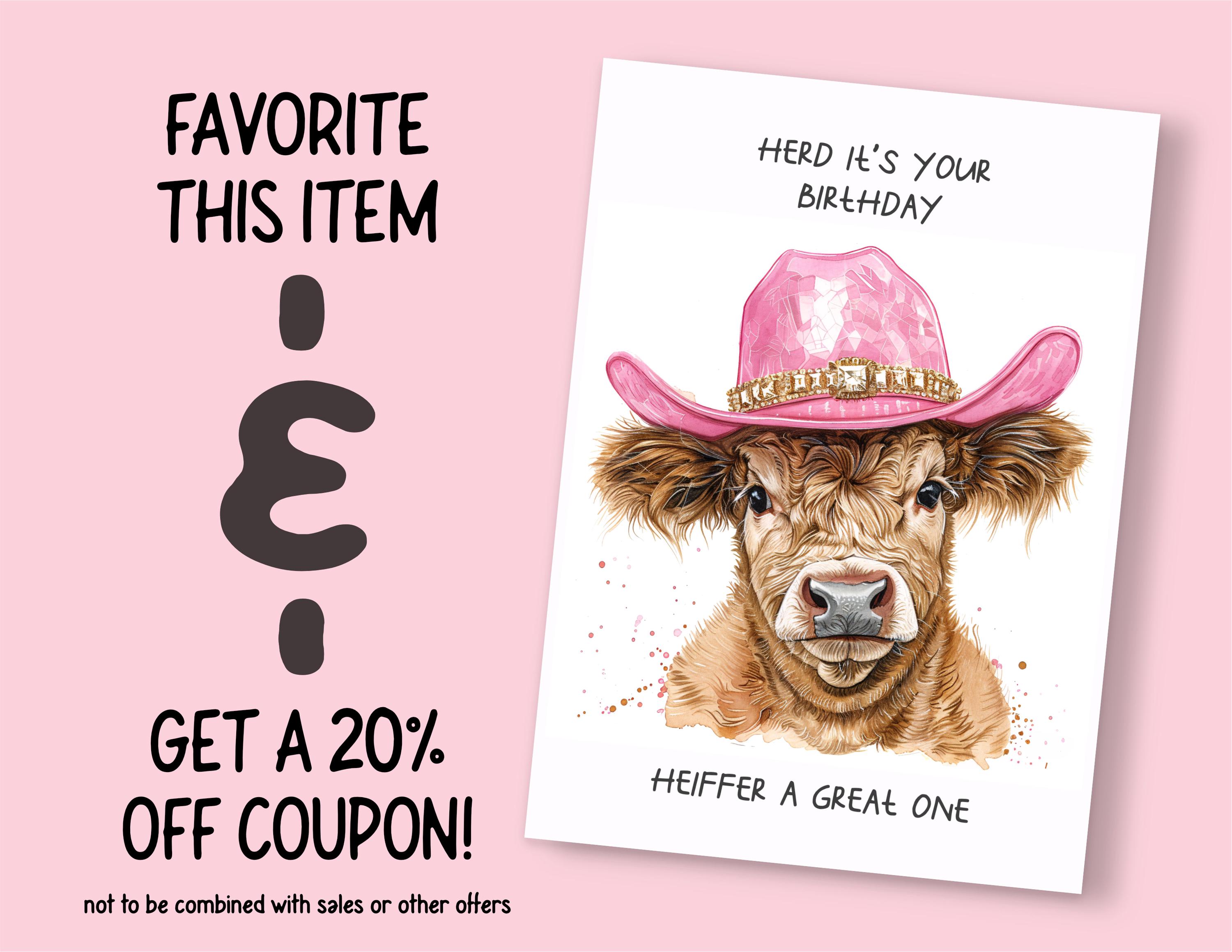 Cute Cow Pun Printable Greeting Card, Funny Pink Highland Cowgirl Hat ...