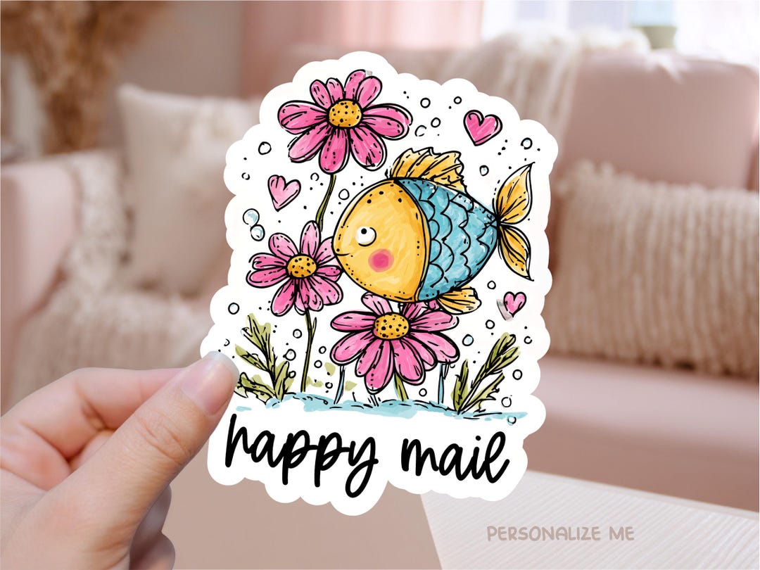 Cute Happy Mail Printable Sticker PNG, Doodle Fish Illustration Print ...