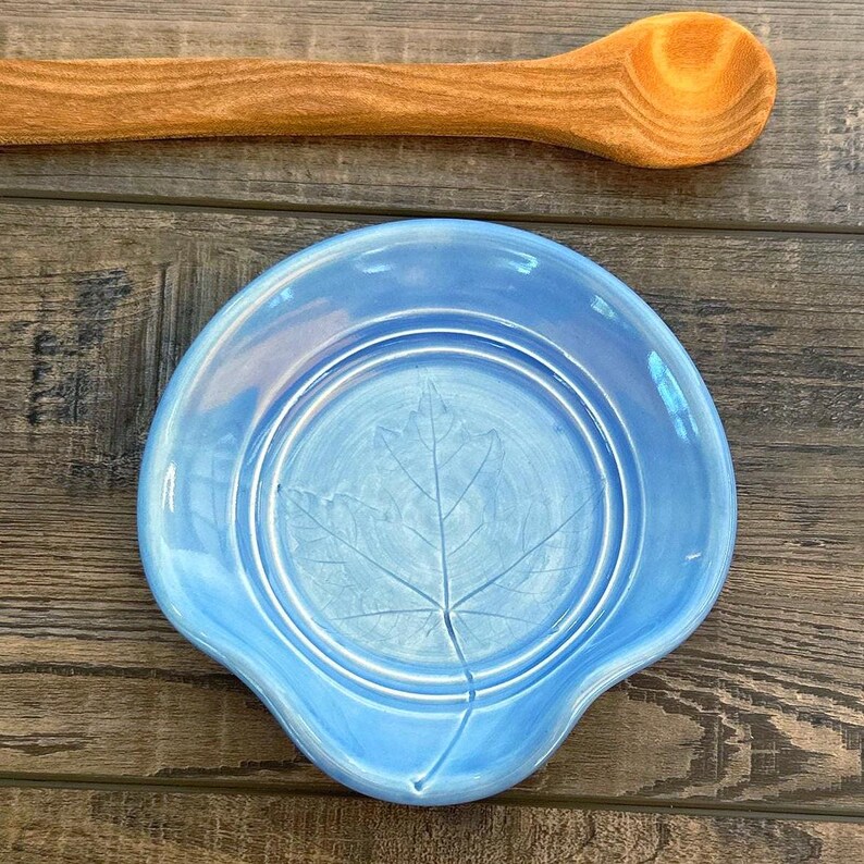 Handmade Spoon Rest: Sky Blue Porcelain Pottery With Maple Leaf Imprint ...