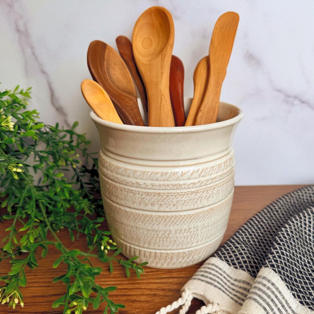 Handmade Stoneware Utensil Holder Crock, One of a Kind: Textured Creamy ...