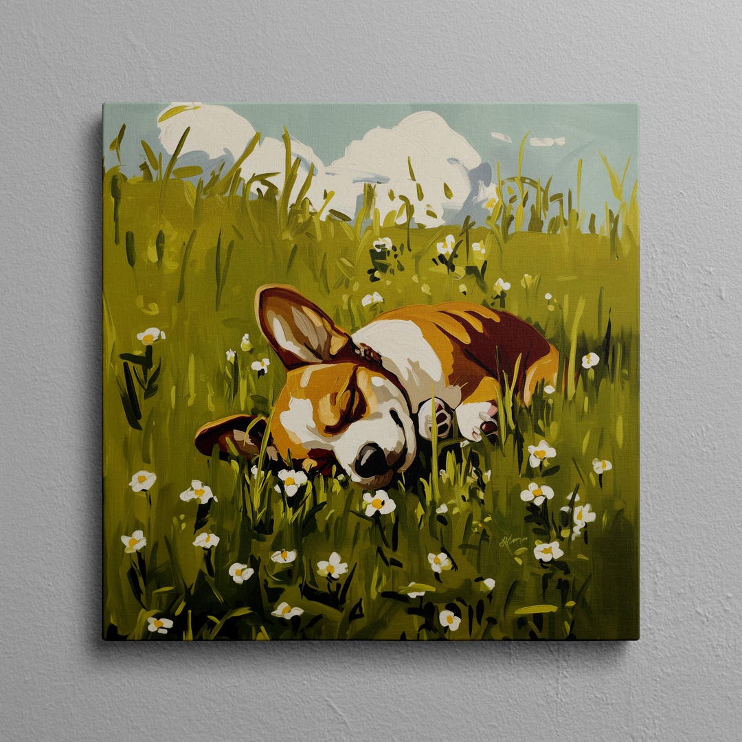 Corgi Wall Art, Sleeping Corgi Dog Print, Outdoor Meadow Dog Canvas ...