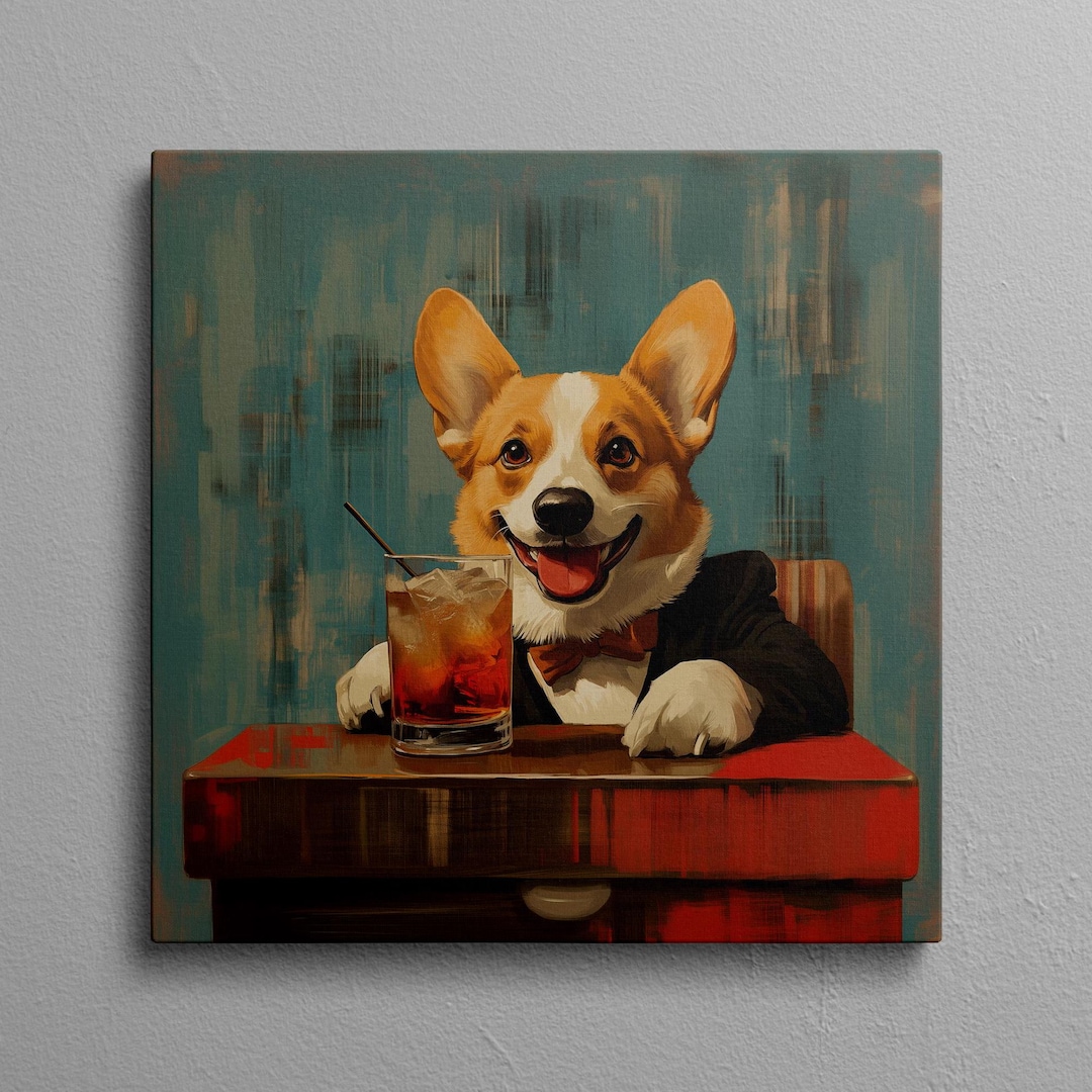 Corgi Man Cave Art, Corgi Home Bar Wall Decor, Drinking Whiskey Bourbon ...
