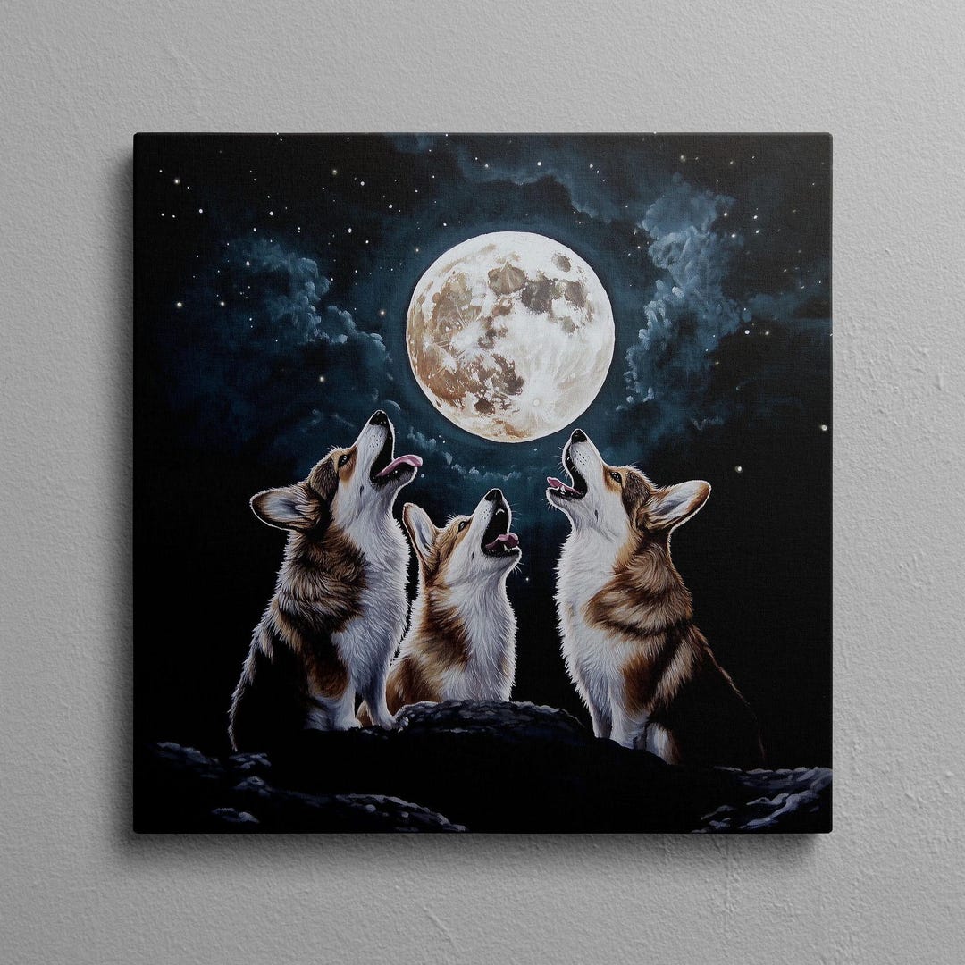 Corgis Howling at the Moon Canvas, Cute Dogs Under Full Moon Painting ...