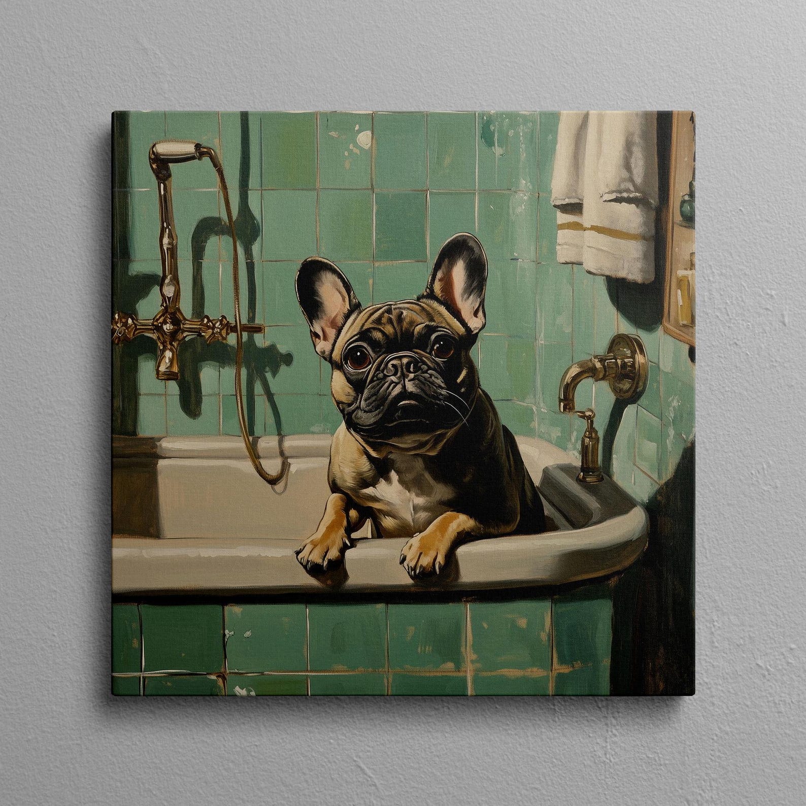 French Bulldog Art, Frenchie Wall Art, Retro Green Artwork Canvas Print ...