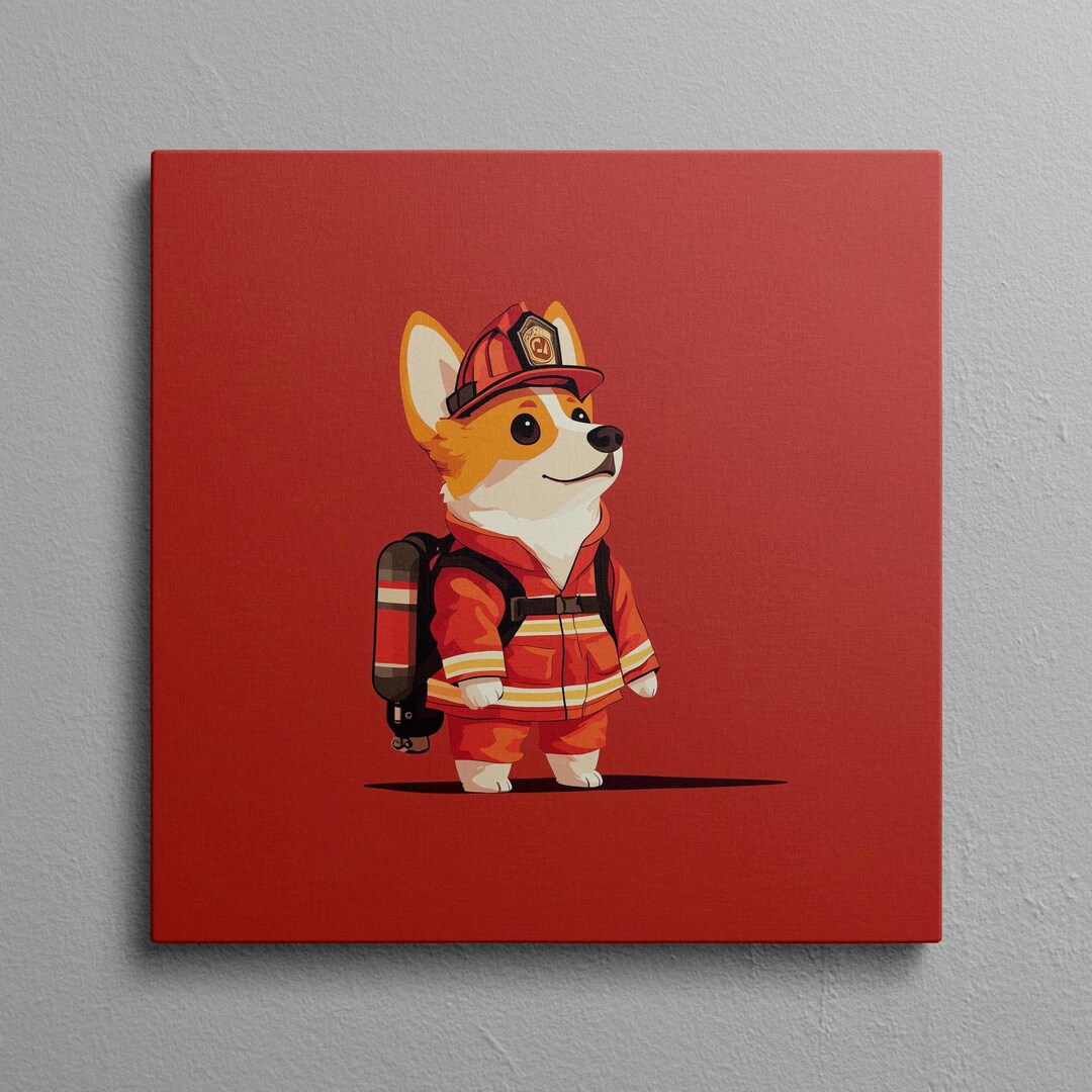Corgi Fireman Art, Cute Firefighter Decor, Nursery Room Art Red Orange ...