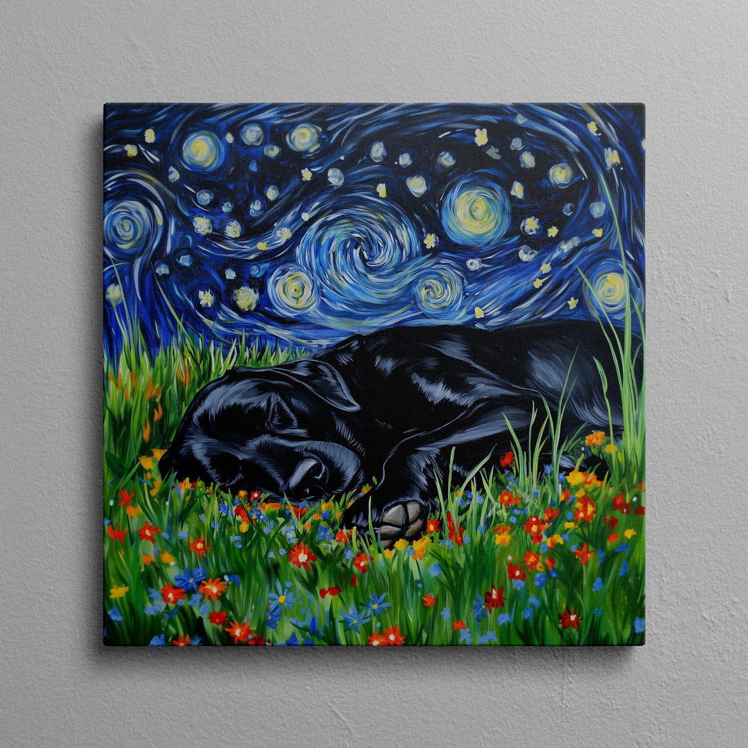 Black Lab Wall Art, Starry Night Dog Art, Whimsical Dog Print - Canvas ...
